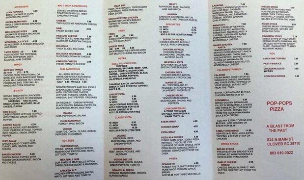 Menu at Pop Pops Pizza pizzeria, Clover