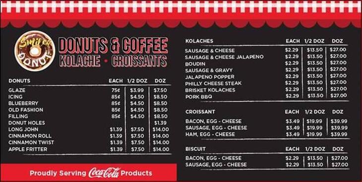 Menu at Smiley Donuts, French Settlement