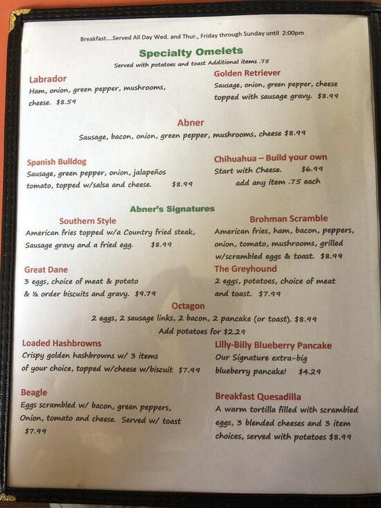 Menu at Abners Restaurant Inc., Brohman