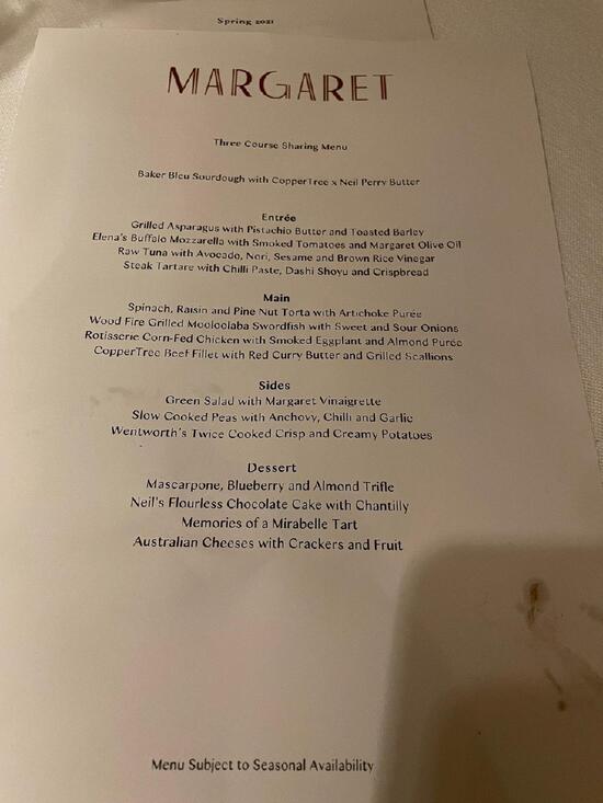 Menu at Margaret restaurant, Double Bay