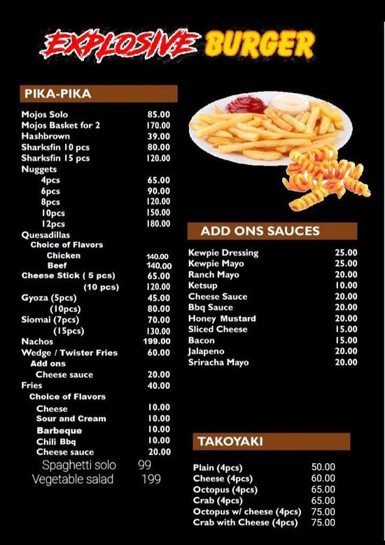 Menu at Explosive Burger Batangas Branch restaurant, Batangas