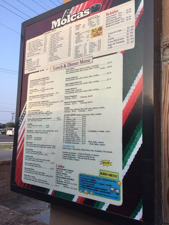 Menu at Taqueria Molcas, Mission