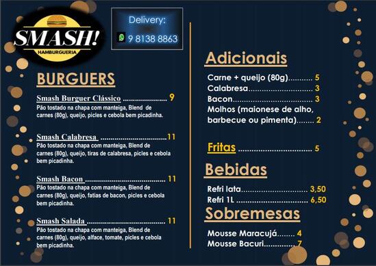 Menu at Smash! Hamburgueria restaurant, Macapá