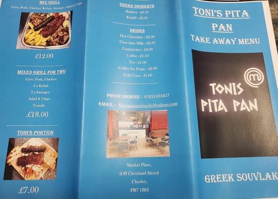Menu at Tonis Pita Pan restaurant, Chorley