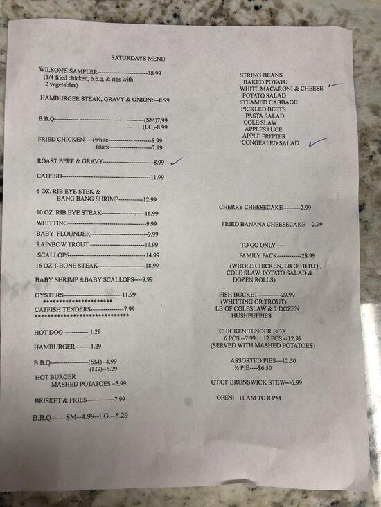 Menu at Wilson's BBQ, South Hill