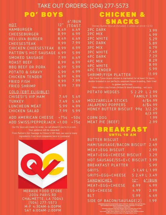 Menu at QC MERAUX FOOD STORE, Chalmette