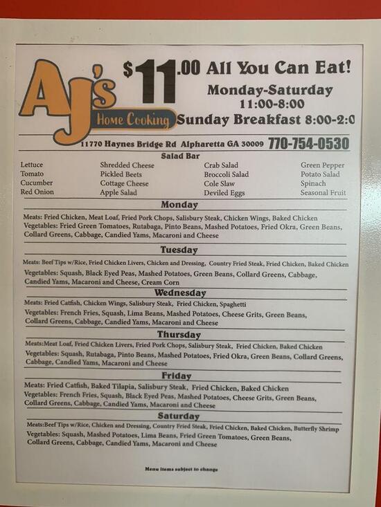 Menu at AJ's Home Cooking fast food, Alpharetta, Haynes Bridge Rd #902