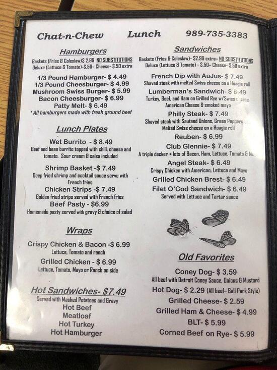 Menu at Chat'n Chew restaurant, Glennie