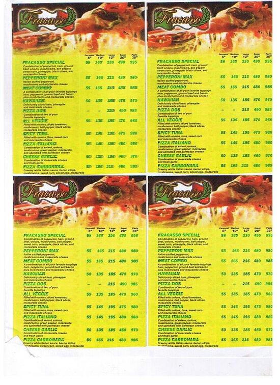 Menu at Fracasso Maceda - Pizza & Pasta Resto pizzeria, Marikina