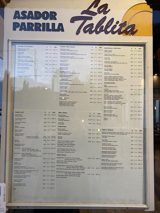 Menu at La Tablita steakhouse, El Calafate