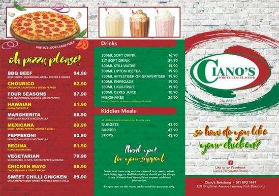Menu at CIANO'S PORTUGUESE FLAVOUR restaurant, Boksburg