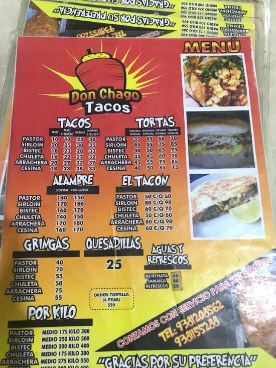 Menu at Don Chago Taco's restaurant, Ciudad del Carmen