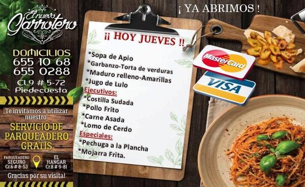 Menu at El Nuevo Garrotero restaurant, Piedecuesta