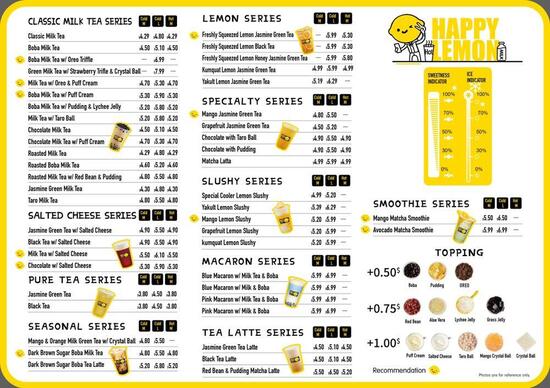 Menu at Happy Lemon cafe, Winnipeg