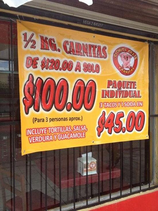 Menu at El Cochinito Feliz Carnitas restaurant, Hermosillo
