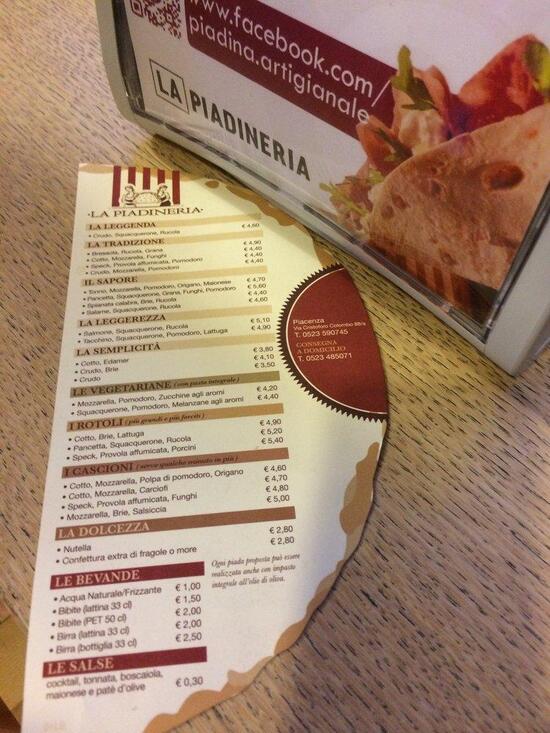 Menu da La Piadineria ristorante, Piacenza, Via Cristoforo Colombo