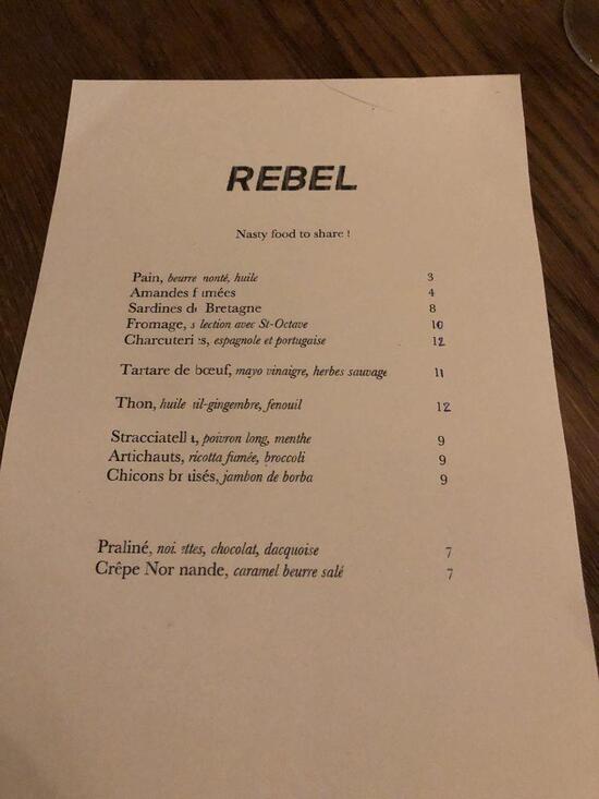 Menu au Rebel, Ixelles