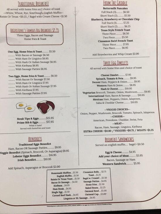 Menu at Brickstones restaurant, Rochester