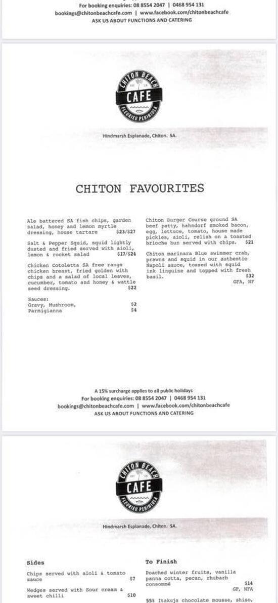 Menu at The Chiton Restaurant, Australia