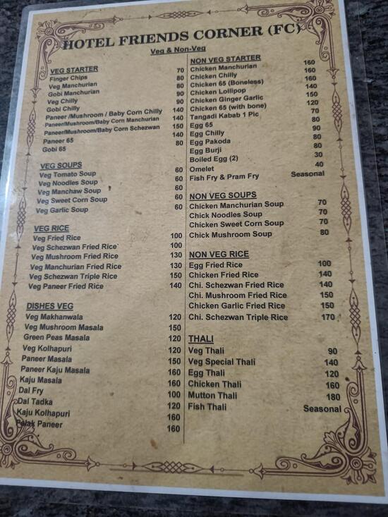 Menu at Friends Corner, Belgaum