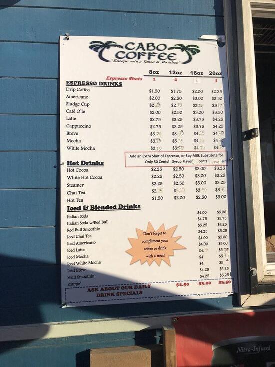 Menu at Cabo Coffee Abbott cafe, Anchorage