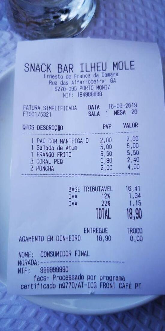 Menu em Snack-Bar Ilhéu Mole, Porto Moniz