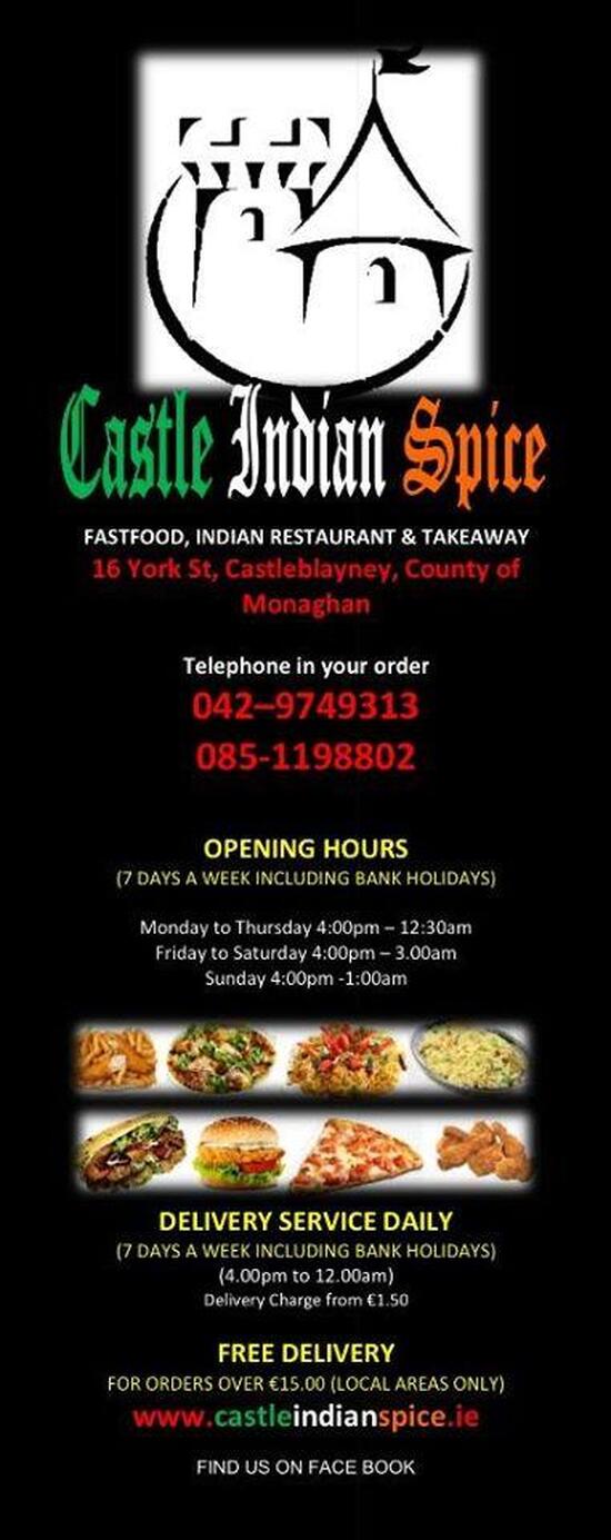 Menu at Castle Indian Spice restaurant, Castleblayney