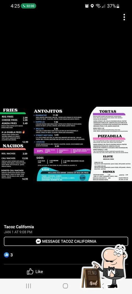 Menu at Tacoz California restaurant, Cedar Falls