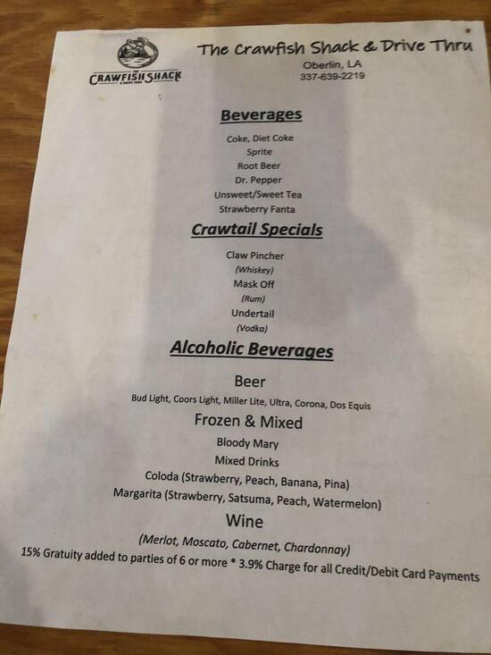Menu at The Crawfish Shack restaurant, Oberlin