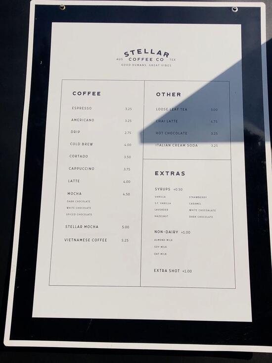 Menu at Stellar Coffee, Austin