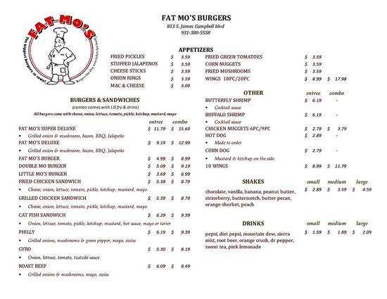 Menu at Fat Mo's restaurant, Columbia