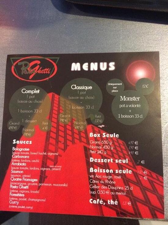 Menu at Pasta Ghetti restaurant, La Bassée