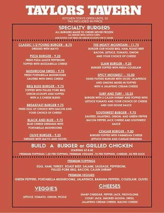 Menu at Taylor's Tavern pub & bar, Owensboro