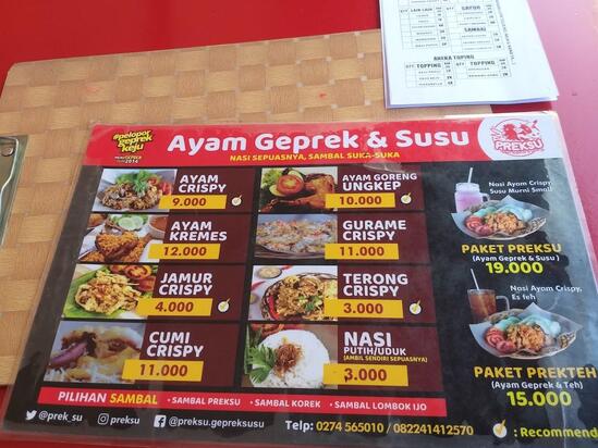 Menu at Ayam Geprek & Susu (Preksu) Seturan restaurant, Sariharjo