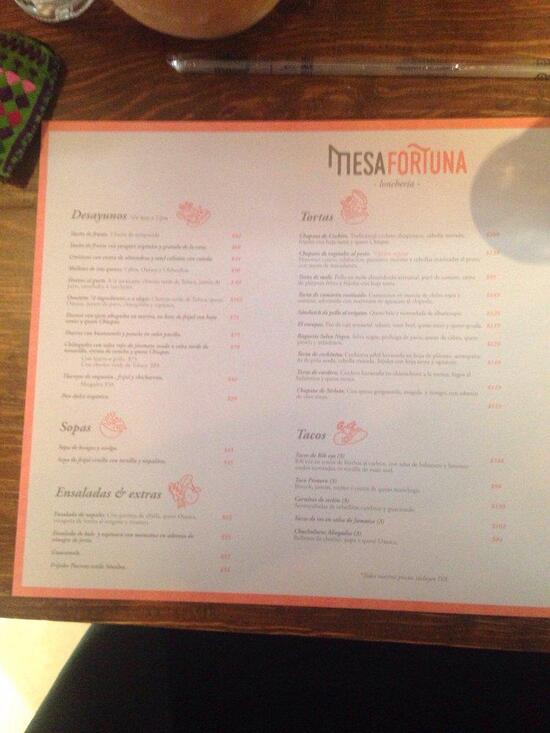 Carta del restaurante Mesa Fortuna, Ciudad del México