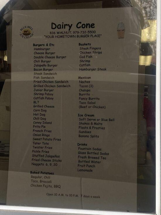 Menu at Dairy Cone fast food, Columbus