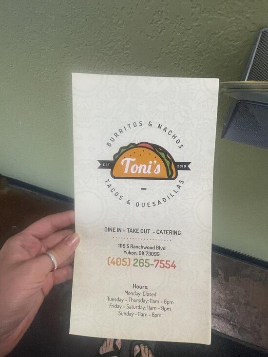Menu at Toni's Taco restaurant, Yukon