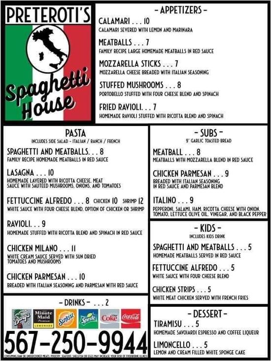 Menu at Preteroti's Spaghetti House restaurant, Findlay