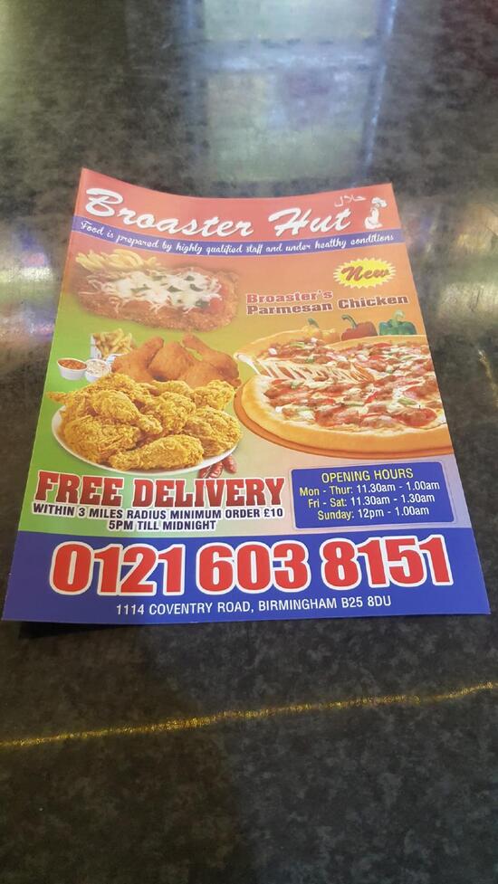 Menu at Broaster Hut Fried Chicken restaurant, Birmingham