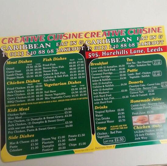 Menu at Creative Cuisine restaurant, Leeds, 595 Harehills Ln