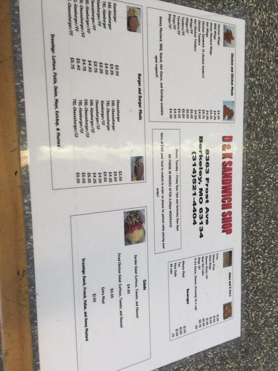 Menu at D & K Sandwich Shop, Ferguson