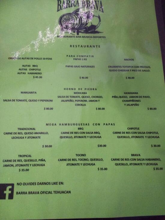 Menu at Barra Brava, Tehuacán