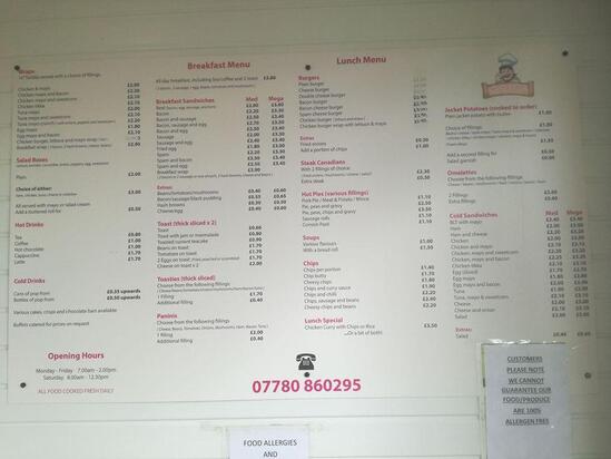 Menu at The cabin cafe, Barnsley