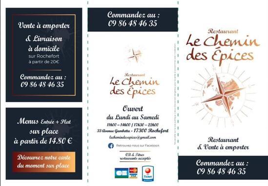 Menu au Le Chemin Des Épices vente à emporter restaurant, Rochefort