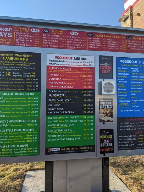 Menu at Cook Out BBQ, Morehead City