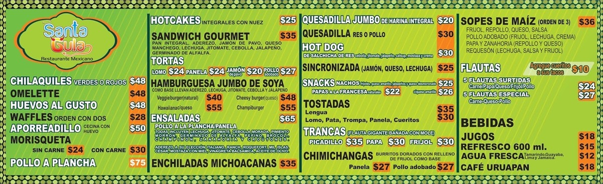 Menu at SANTA GULA restaurant, Ciudad Guzmán