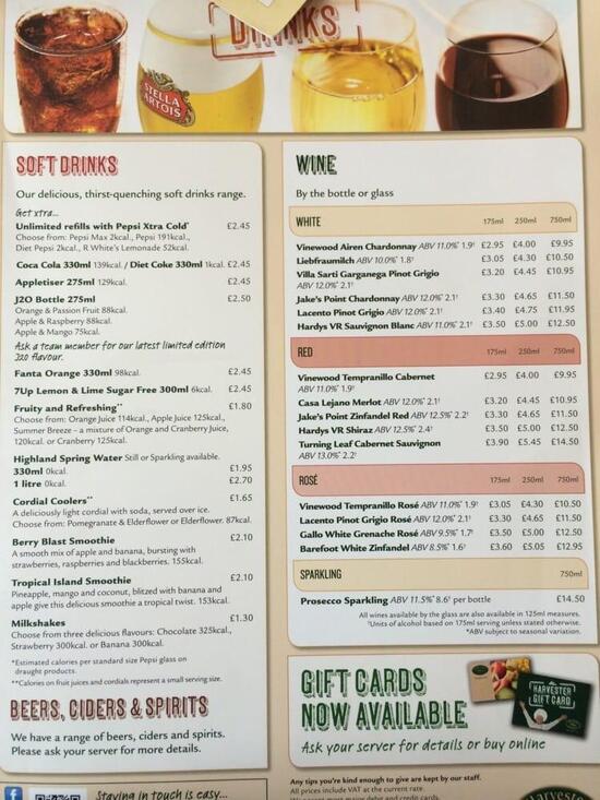 Menu at Harvester - Sir Winston Churchill pub & bar, Rochdale