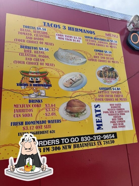 Menu at Tacos 3 Hermanos restaurant, New Braunfels