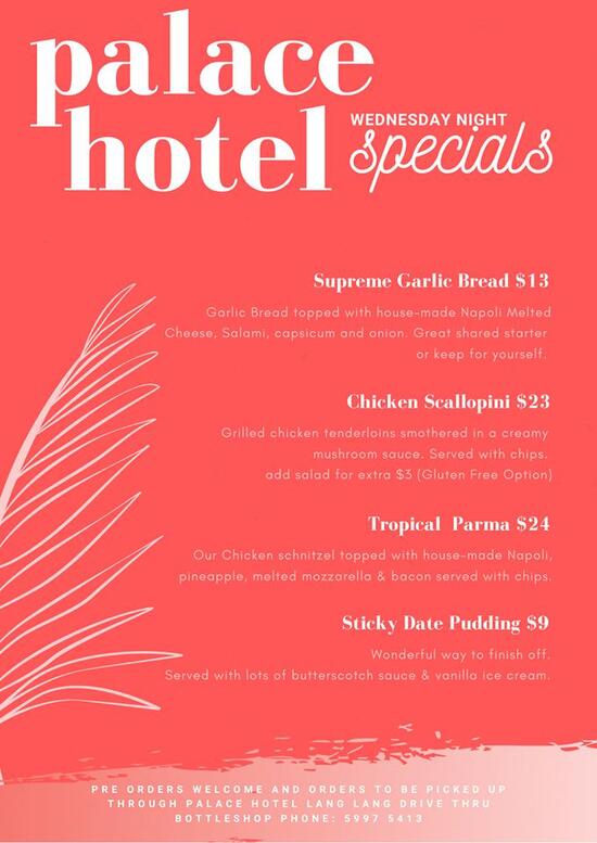 Menu at Palace Hotel Lang Lang pub & bar, Lang Lang, 140 McDonalds Track