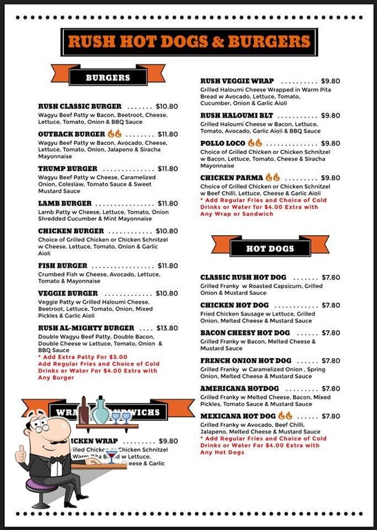 Menu at Rush Hotdog & Burgers restaurant, Surry Hills